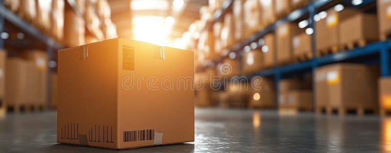 Cardboard Box in Warehouse with Stacked Products and Warm Lighting ...