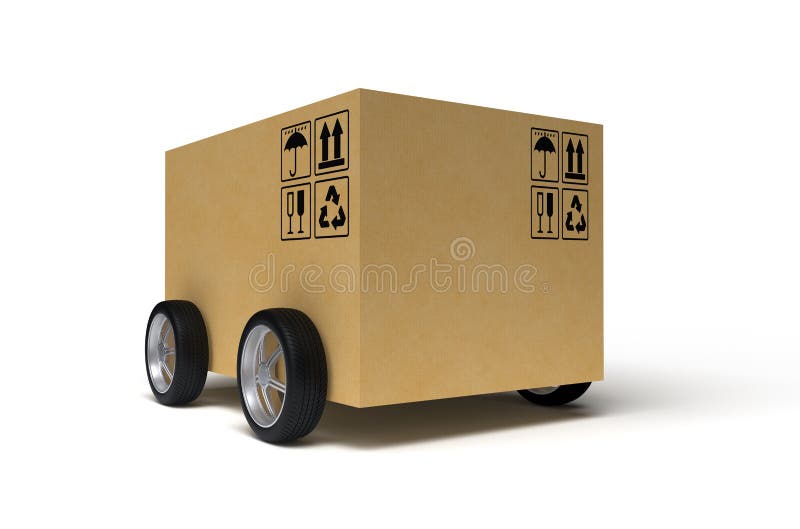 Cardboard Box on Wheels Isolated on White Background. Stock Image ...