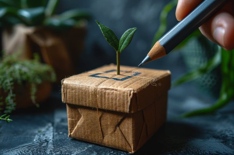 The Cardboard Box from Which the Young Plant Grows Stands on the Table ...