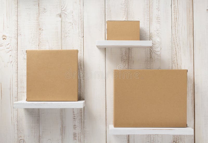 Cardboard Box on Wooden Shelf Stock Image - Image of collection, parcel ...