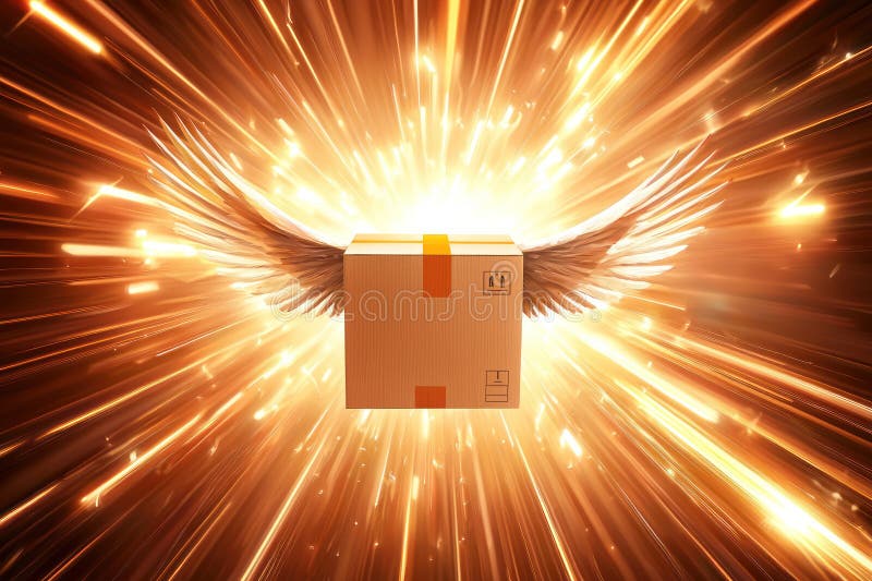 Cardboard Box with Wings Soaring through Burst of Light Rays ...