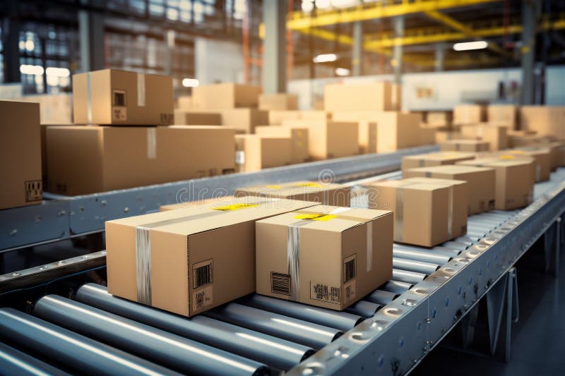 Cardboard Boxed Packages on a Belt Driven Line Roller Conveyor in a ...