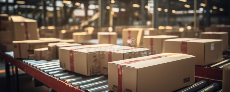 Cardboard Boxed Packages on a Belt Driven Line Roller Conveyor in a ...