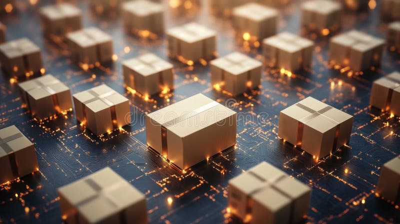 Cardboard Boxes Arranged on a Circuit Board with Glowing Lights Stock ...