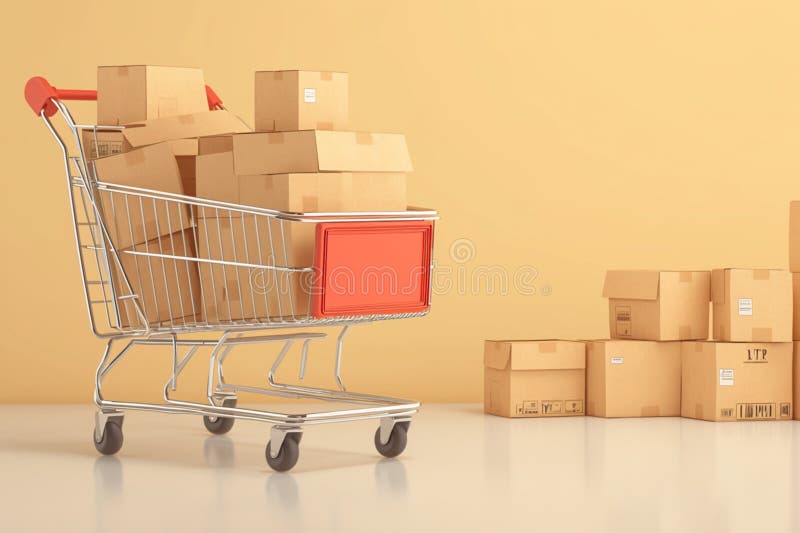Cardboard Boxes Arranged in 3D Rendered Shopping Cart Conceptually ...