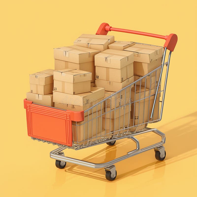 Cardboard Boxes Arranged in 3D Rendered Shopping Cart Conceptually ...