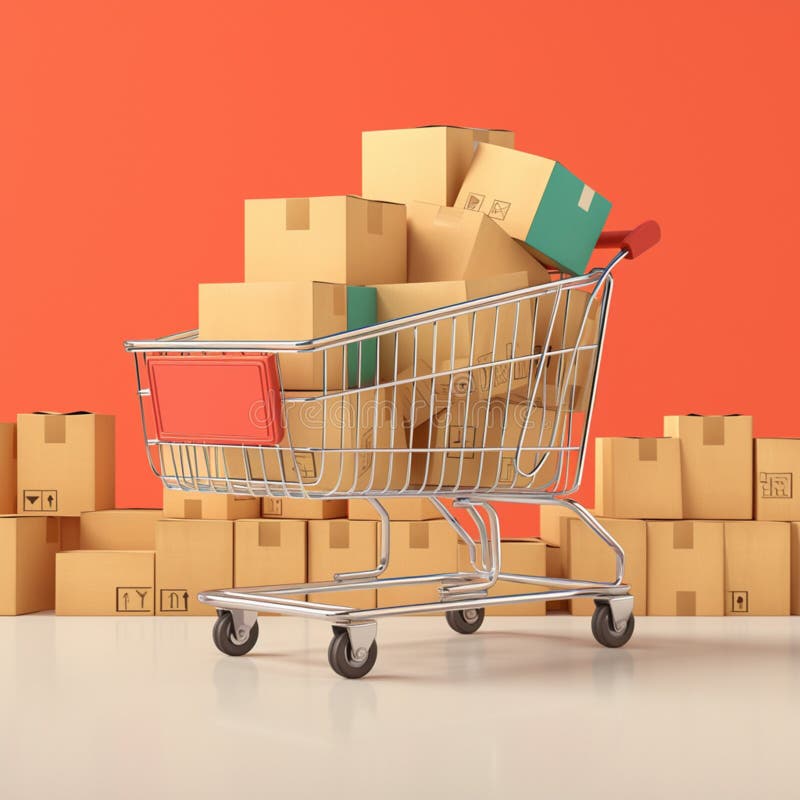 Cardboard Boxes Arranged in 3D Rendered Shopping Cart Conceptually ...