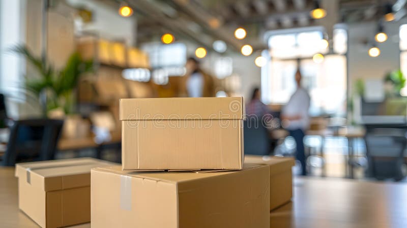 Stack of Plain Cardboard Boxes on a Table in a Bright, Modern Office ...