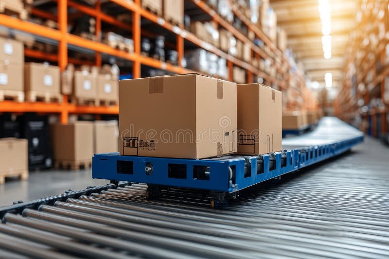 Cardboard Boxes on Blue Roller Conveyor with Orange Shelving Racks in ...