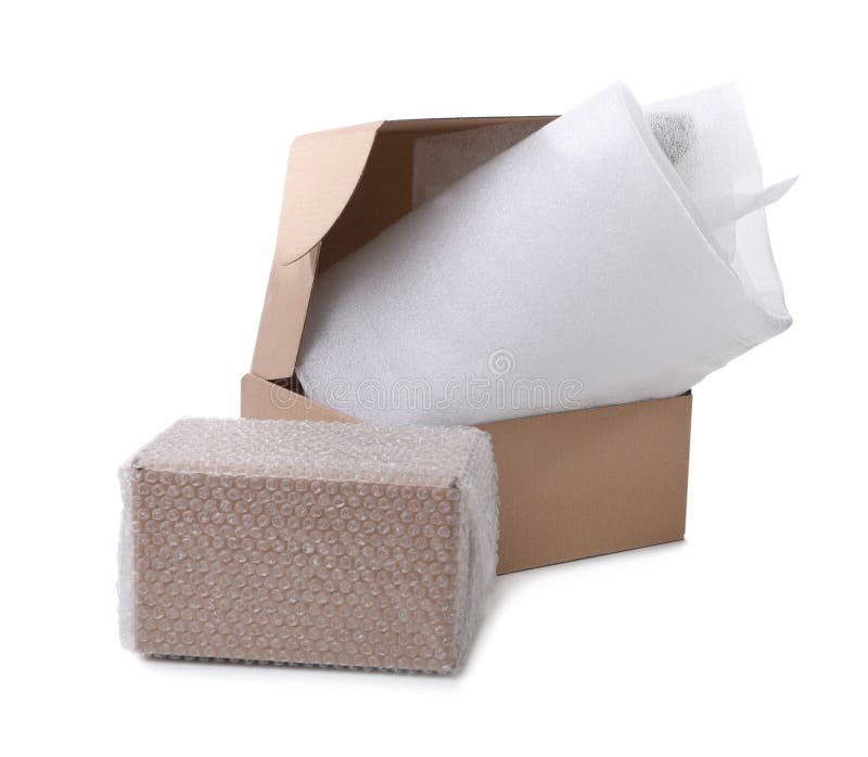 Cardboard Boxes with Bubble Wrap and Packaging Foam on White Background ...