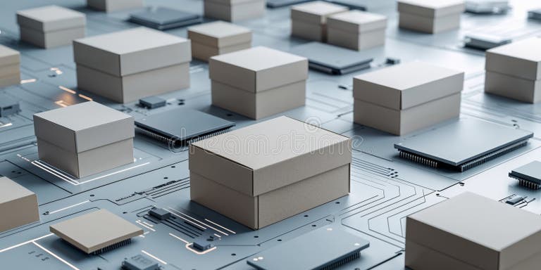 Cardboard Boxes on Circuit Board Background with Digital Elements ...