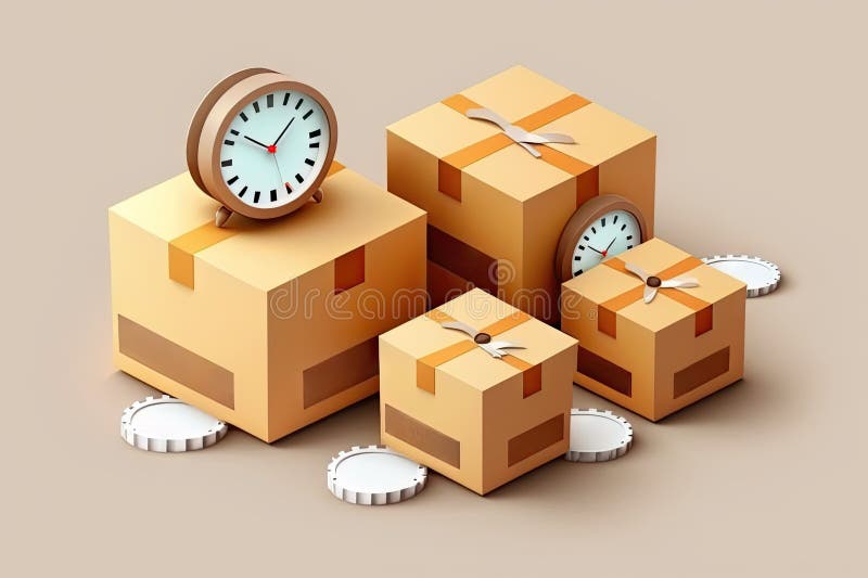Cardboard Boxes with Clock and Gears on a Gray Background Stock ...