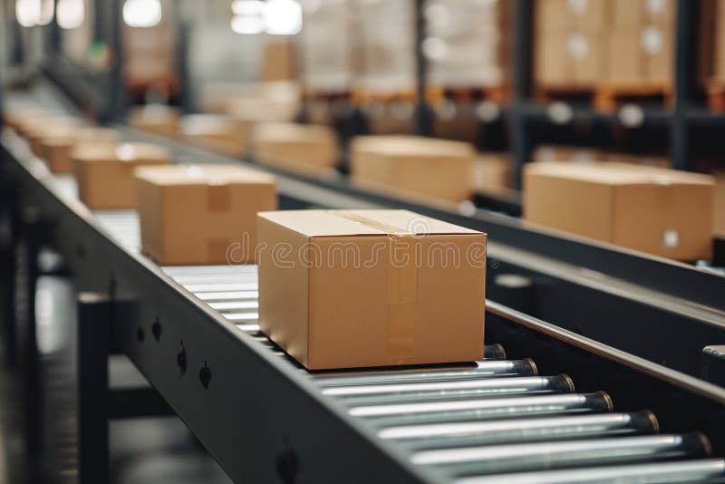 Cardboard Boxes on Conveyor Belt in Distribution Warehouse Stock Image ...