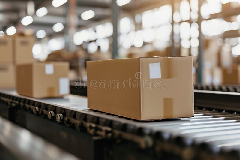 Cardboard Boxes on Conveyor Belt in Distribution Warehouse Stock Photo ...