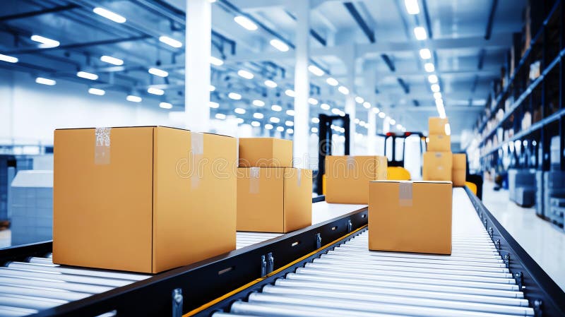 Cardboard Boxes on Conveyor Belt in Large Warehouse Ready for ...
