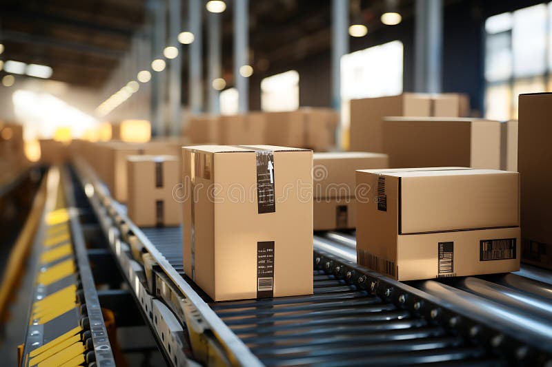 Cardboard Boxes on Conveyor Belt in Warehouse. 3D Rendering Stock Illustration - Illustration of ...