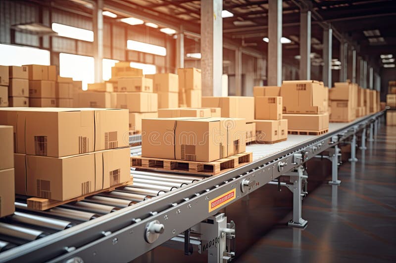 Cardboard Boxes on Conveyor Belt in Warehouse. 3d Rendering, Cardboard Boxes on Conveyor Belt in ...