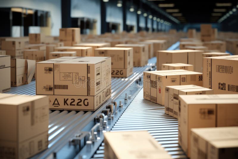 Cardboard Boxes on Conveyor Belt in Warehouse. 3D Rendering, Cardboard ...