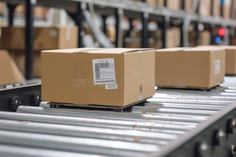 Cardboard Boxes on Conveyor Belt in Warehouse Stock Image - Image of ...