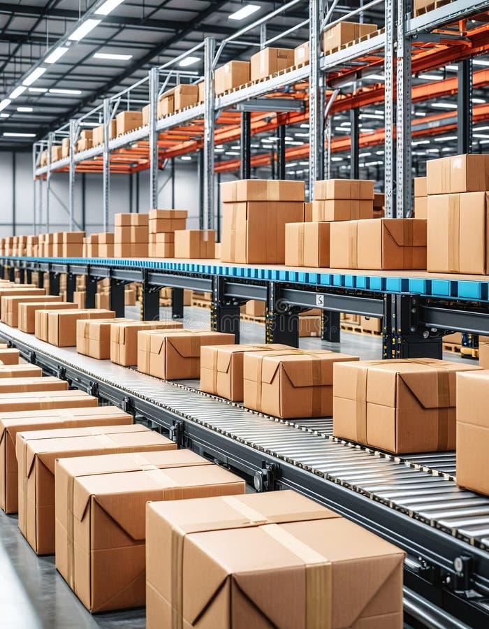 Cardboard Boxes on Conveyor Belts and Rows of Boxes in a Distribution ...