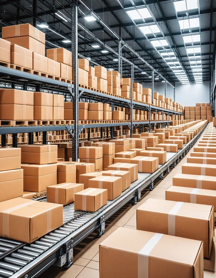 Cardboard Boxes on Conveyor Belts and Rows of Boxes in a Distribution ...