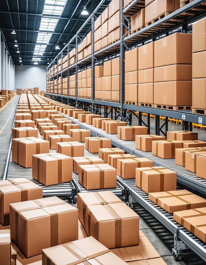 Cardboard Boxes on Conveyor Belts and Rows of Boxes in a Distribution ...
