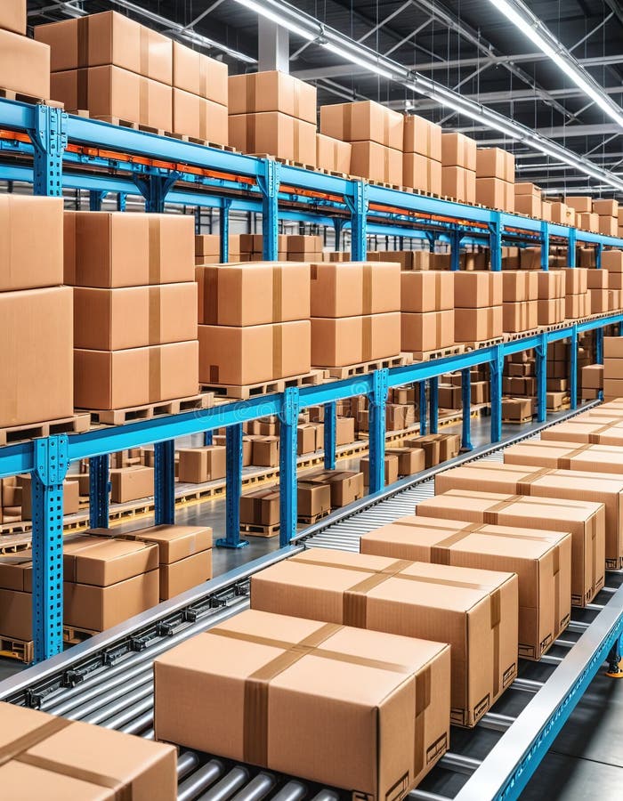 Cardboard Boxes on Conveyor Belts and Rows of Boxes in a Distribution ...