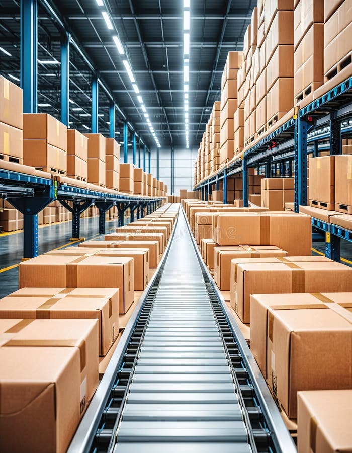 Cardboard Boxes on Conveyor Belts and Rows of Boxes in a Distribution ...