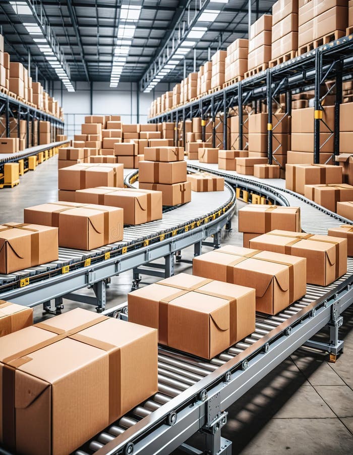 Cardboard Boxes on Conveyor Belts and Rows of Boxes in a Distribution ...
