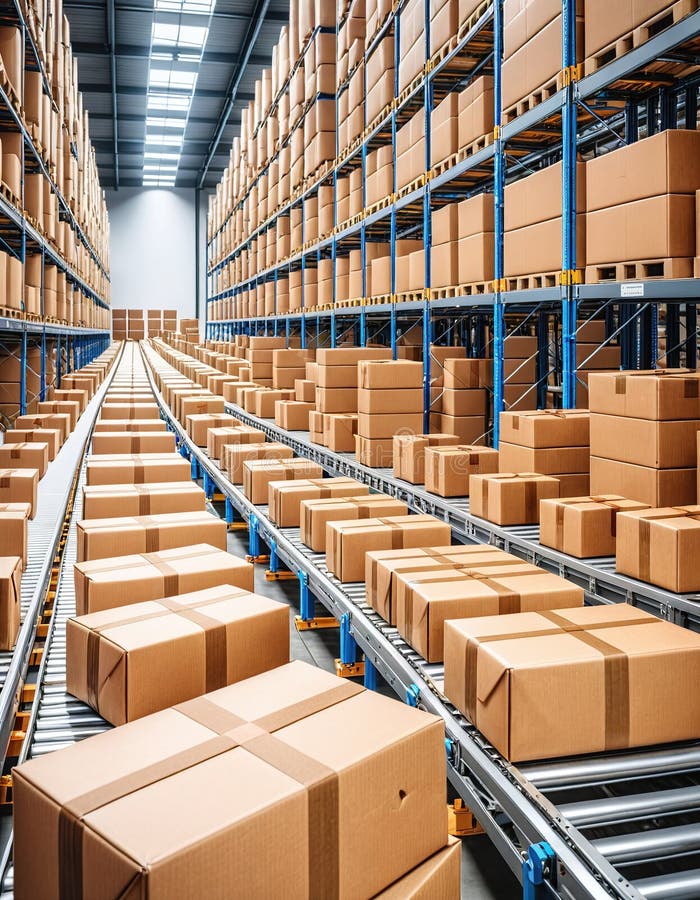 Cardboard Boxes on Conveyor Belts and Rows of Boxes in a Distribution ...