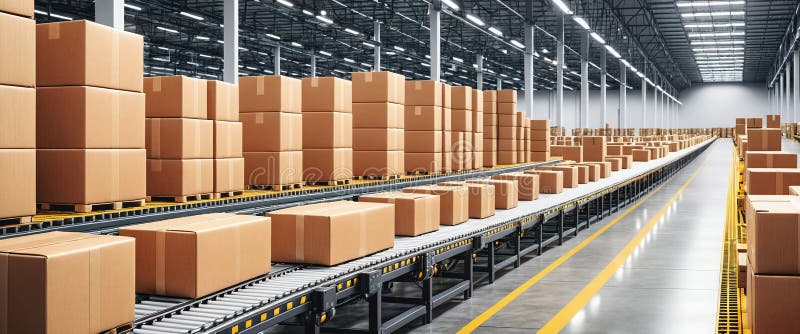 Cardboard Boxes on Conveyor Belts and Rows of Boxes in a Distribution ...