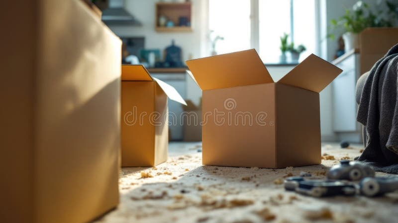 Cardboard Boxes in a Cozy Interior Kitchen with Sunlight Streaming ...