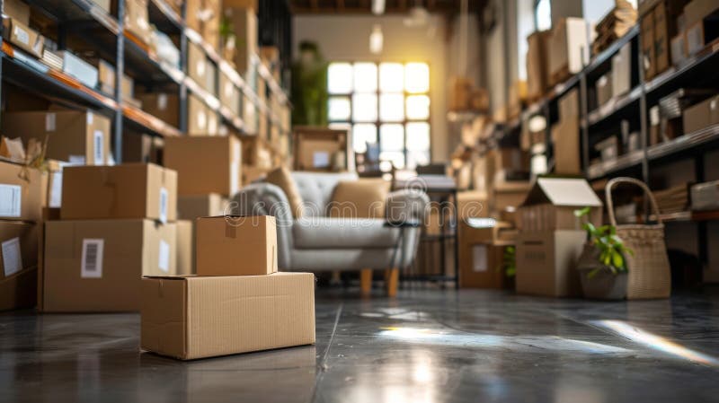 Cardboard Boxes in Cozy Warehouse Setting Stock Image - Image of ...