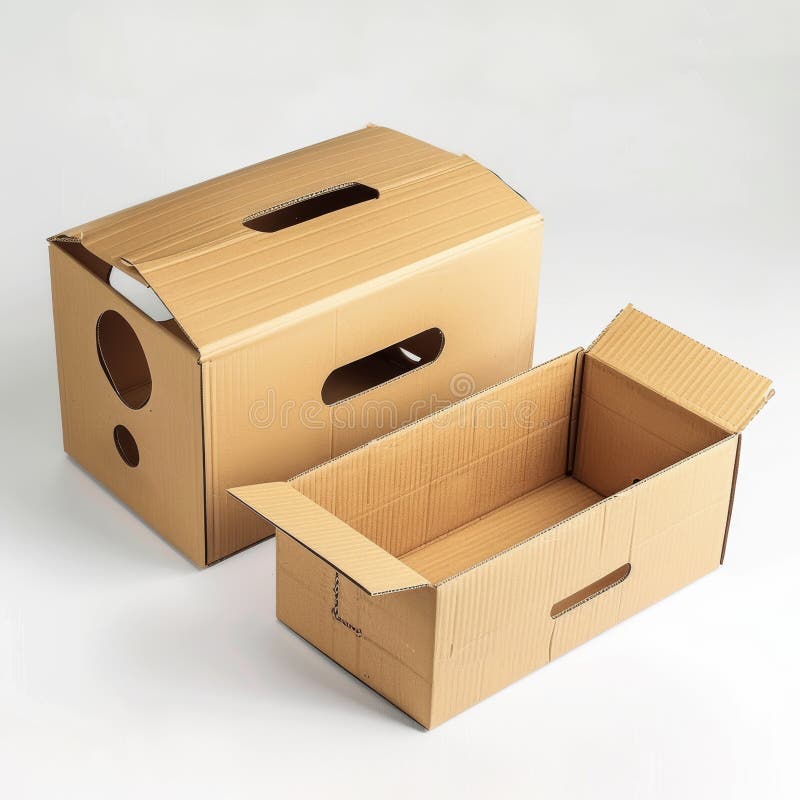 Cardboard Boxes with Cutout Handles and Open Flaps on White Background ...