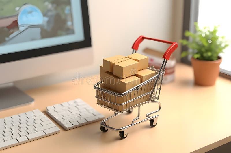 Cardboard Boxes in a 3d Small Shopping Cart, Placed on a Desk, with a ...