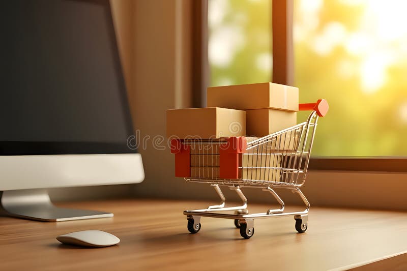 Cardboard Boxes in a 3d Small Shopping Cart, Placed on a Desk, with a ...