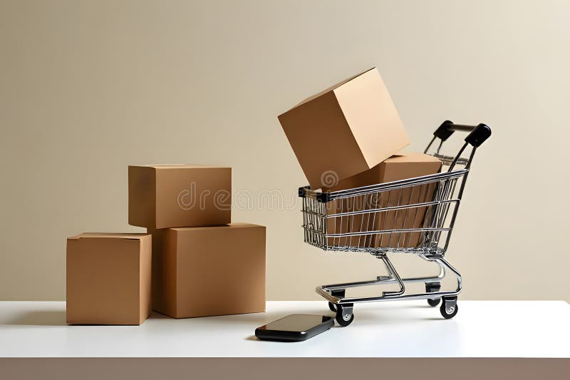 Cardboard Boxes in a 3d Small Shopping Cart, Placed on a Desk, with a ...