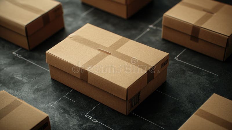 Cardboard Boxes on Dark Background with Blueprint Lines Stock ...