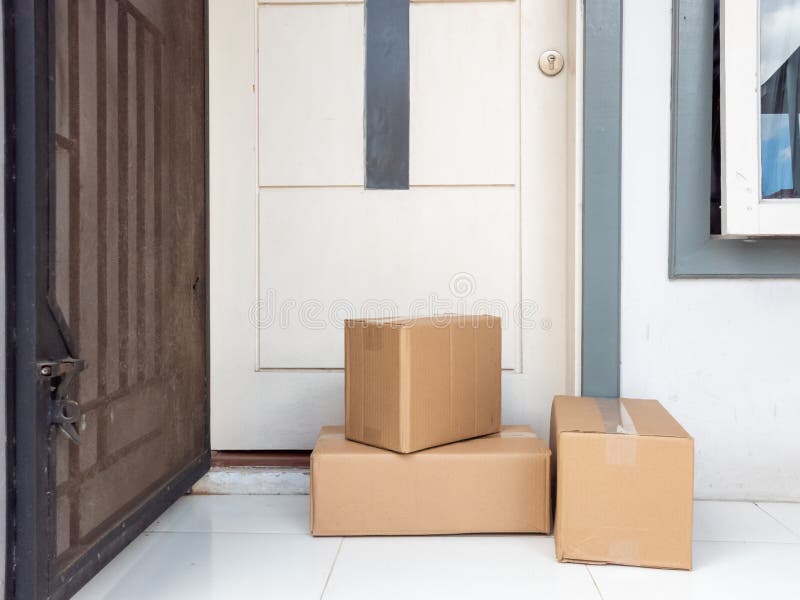 Cardboard Boxes Delivered at Front Doorstep Ready for Unpacking Stock ...