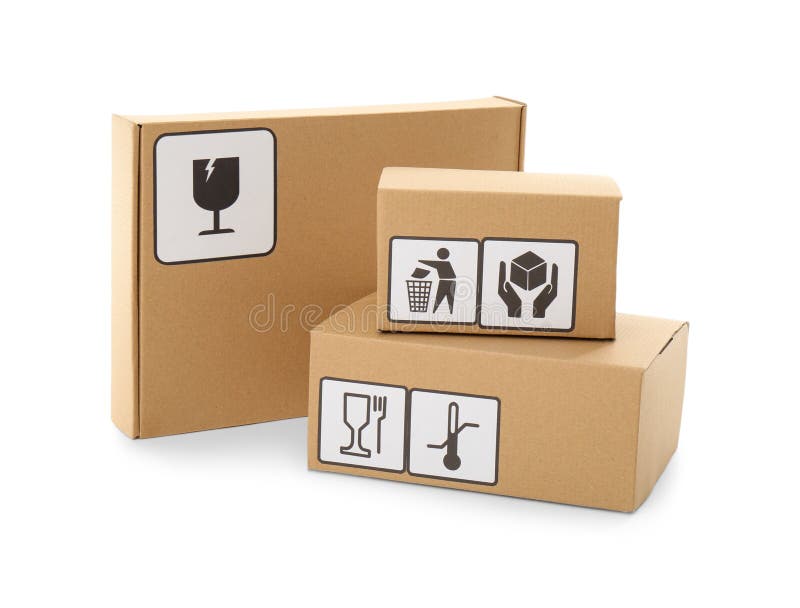 Cardboard Boxes with Different Packaging Symbols on Background. Parcel ...