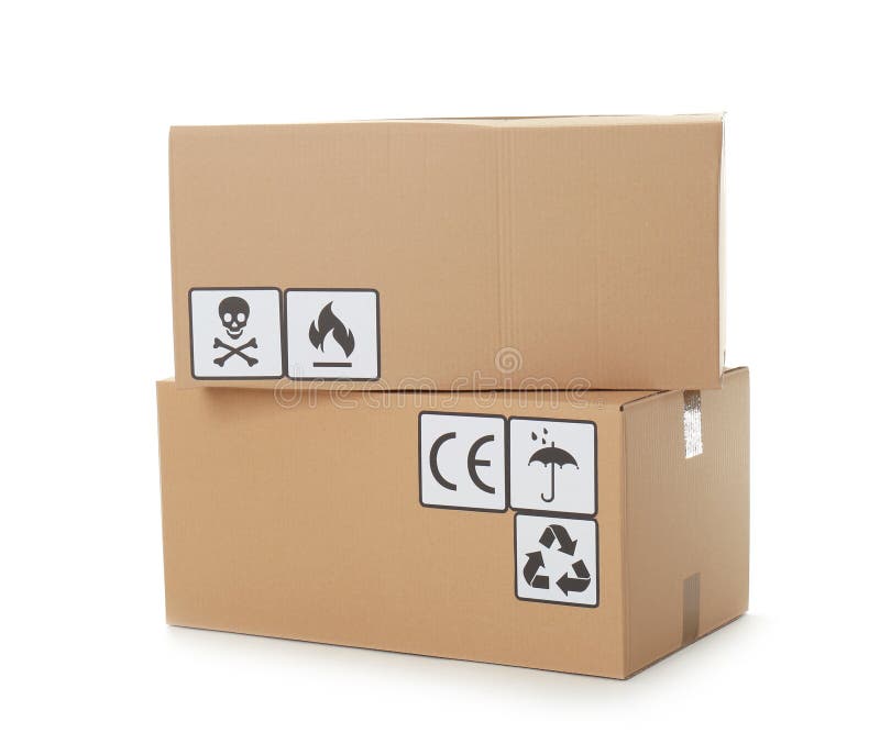 Cardboard Box with Different Packaging Symbols Isolated. Parcel ...