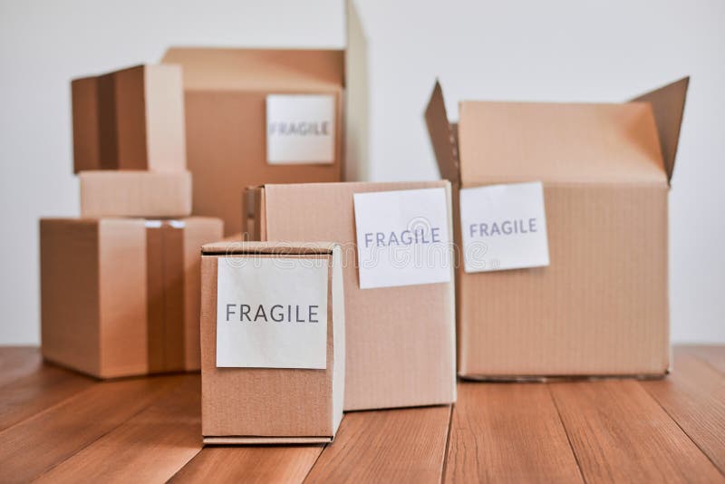 Cardboard Boxes of Different Sizes with Fragile Labels Stock Image ...