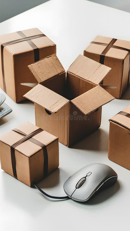 Cardboard Boxes Display with One Open, Computer Mouse Next To it on ...