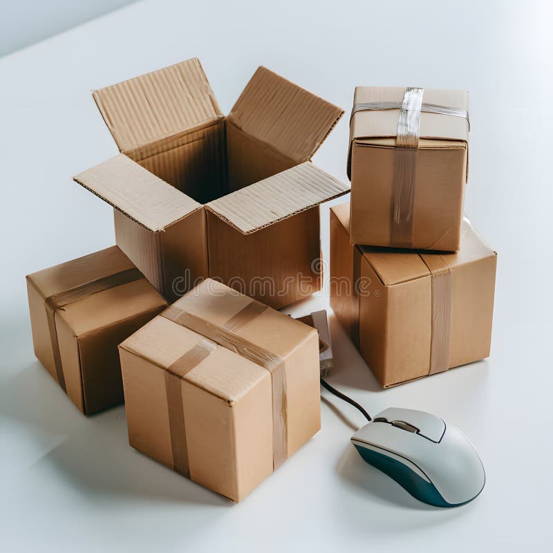 Cardboard Boxes Display with One Open, Computer Mouse Next To it on ...