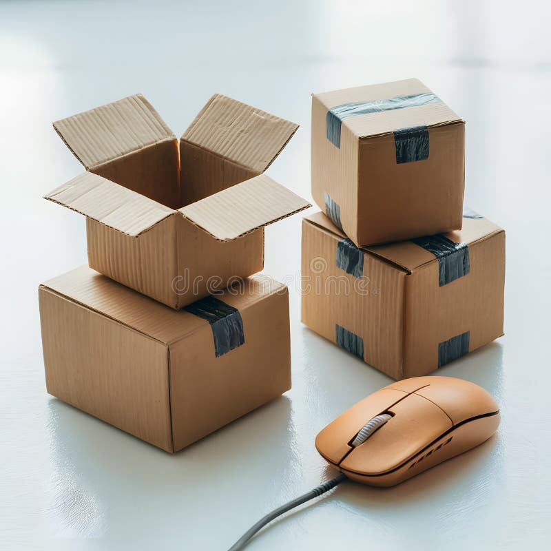 Cardboard Boxes Display with One Open, Computer Mouse Next To it on ...