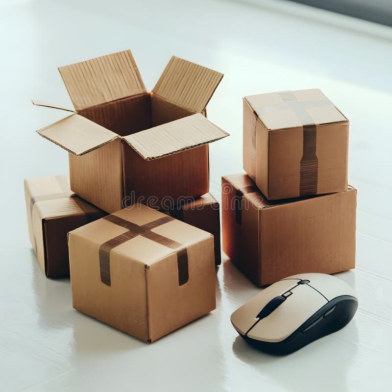 Cardboard Boxes Display with One Open, Computer Mouse Next To it on White Surface. Stock ...