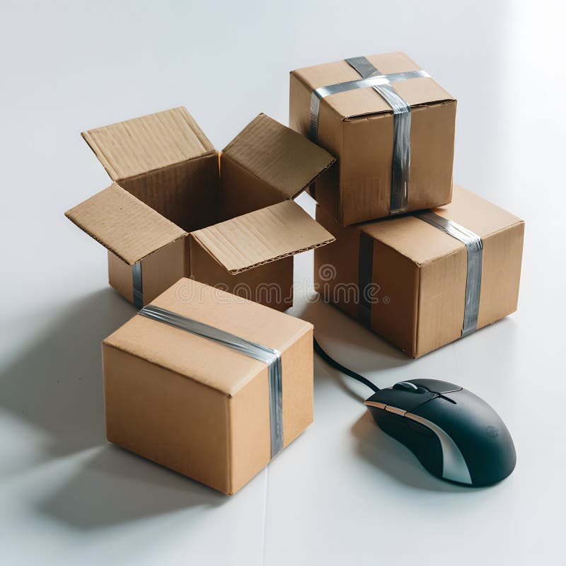 Cardboard Boxes Display with One Open, Computer Mouse Next To it on White Surface. Stock ...