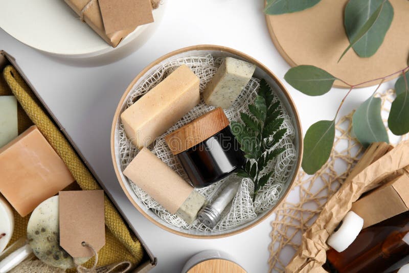 Cardboard Boxes with Eco Friendly Personal Care Products on White ...