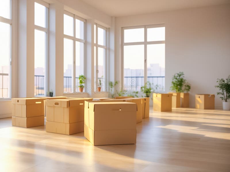 Cardboard Boxes in an Empty Room with Windows Stock Illustration ...