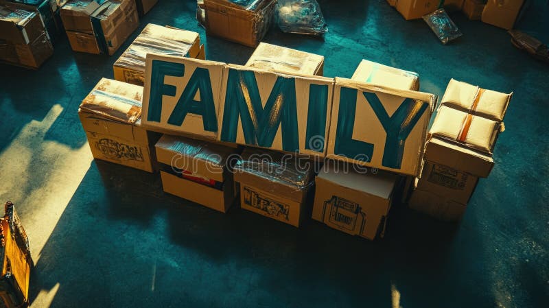 Cardboard Boxes with "family" Label in Sunlit Warehouse. Global Family ...